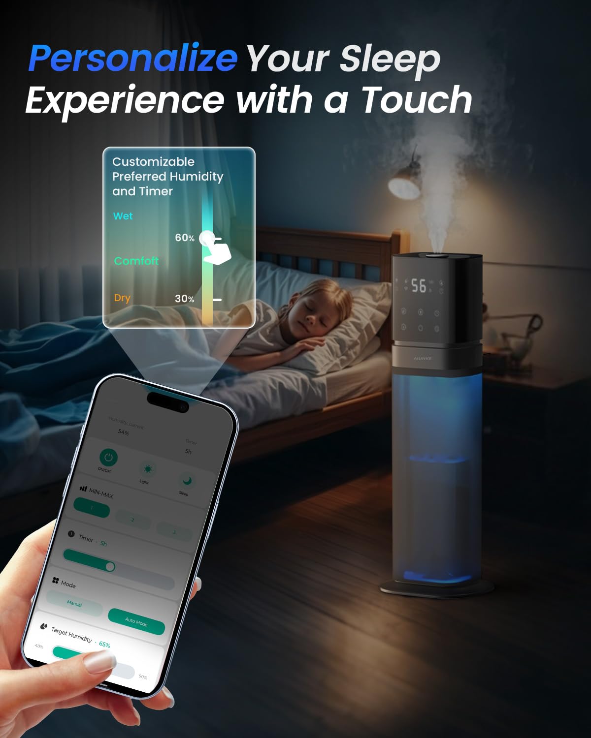 AILINKE Smart Humidifier Large Room, 2.1Gal/8L Humidifiers for Bedroom with Extended Tube&Night Light, Whole House Cool Mist Humidifiers 1000 sq.ft., WIFI App&Voice Control, School/Office/Warehouse