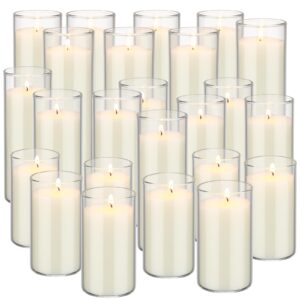 mtlee 24 pcs white pillar candles and glass cylinder vases clear cylinder candle holders with candles vase set for centerpiece home wedding church party, 3 size