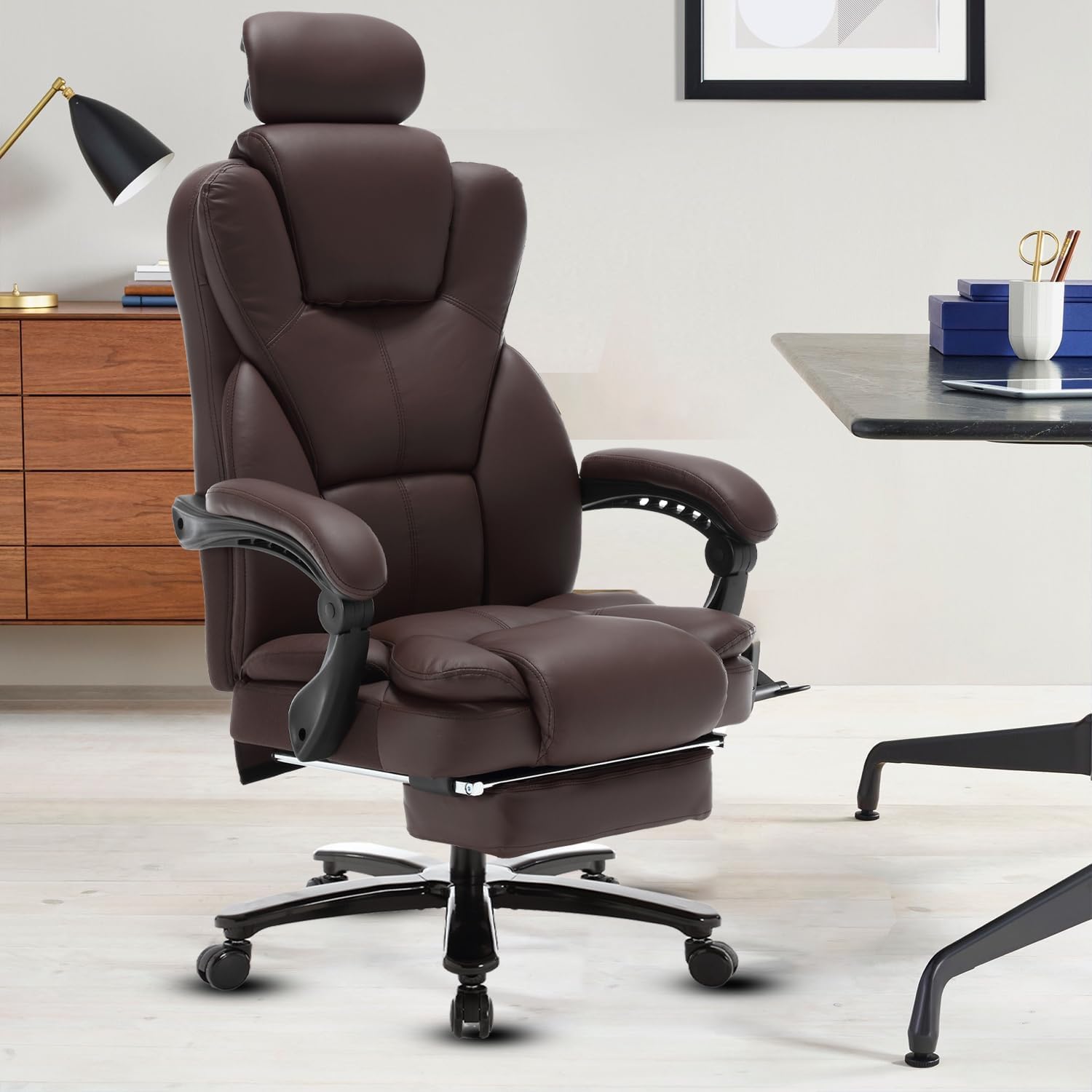 Big and Tall Reclining Office Chair with Footrest 400lbs, PU Leather Executive Office Chairs for Heavy People, High Back Home Office Desk Chair, Ergonomic Managerial Chairs with Wheels (Brown)