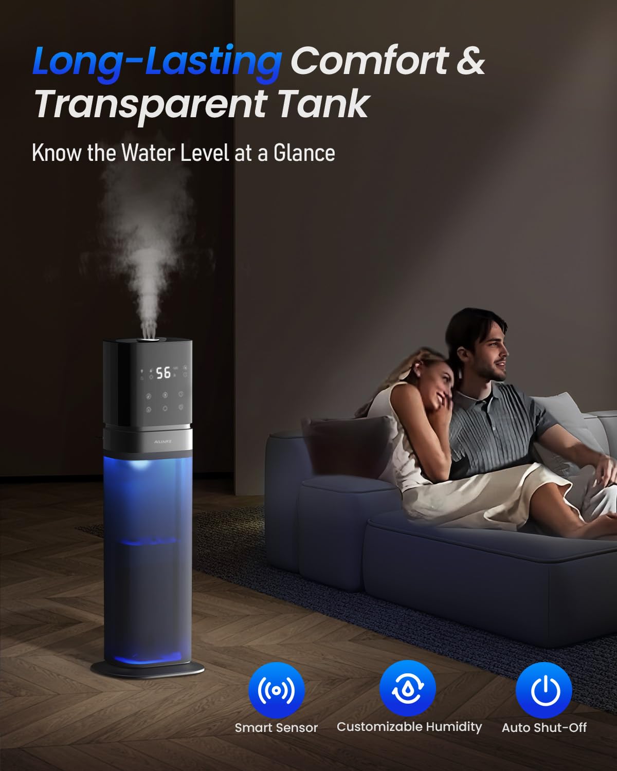 AILINKE Smart Humidifier Large Room, 2.1Gal/8L Humidifiers for Bedroom with Extended Tube&Night Light, Whole House Cool Mist Humidifiers 1000 sq.ft., WIFI App&Voice Control, School/Office/Warehouse