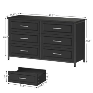 IKENO 6 Drawer Double Dresser for Bedroom, Wood Dressers & Chest of Drawers for Living Room, Entryway, Storage Closet Dressers with Wide Drawers & Metal Handle, Black