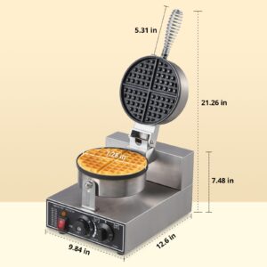 Commercial Waffle Maker, 1300W Round Waffle Iron, Non-Stick Rotatable Waffle Baker Machine, 50°C-300°C Temp Range, Stainless Steel Round Commercial Waffle Maker for Restaurant, 110V