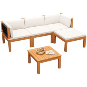 Flamaker Outdoor Sectional Couch Patio Sectional Sofa with Acacia Wood Table,5 Pieces Outdoor L-Shaped Couch with Soft Cushion for Patio,Garden,Backyard(White)