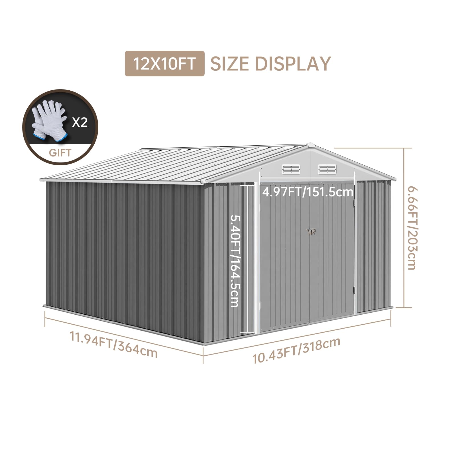 Zstar 12 x 10 FT Outdoor Storage Shed with Singe Lockable Door, Large Metal Tool Sheds with Sloping Roof & Frame Structure, Waterproof Metal Garden Sheds for Backyard, Patio, Outside Use, Gery