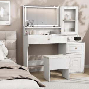 Large Vanity Desk with Mirror and Light, Vanity Table and Cushioned Stool Set, Makeup Vanity Table Makeup Desk with Charging Station, Storage Stool, Bedroom Dressing Table with Drawer and Cabinet