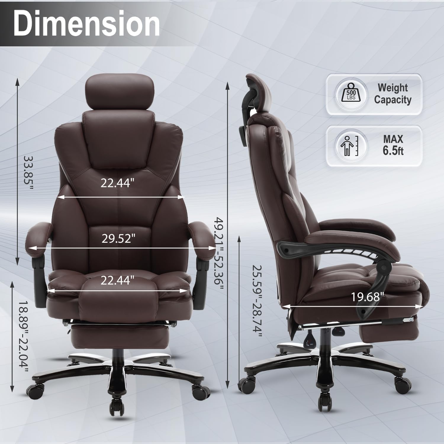 Big and Tall Reclining Office Chair with Footrest 400lbs, PU Leather Executive Office Chairs for Heavy People, High Back Home Office Desk Chair, Ergonomic Managerial Chairs with Wheels (Brown)