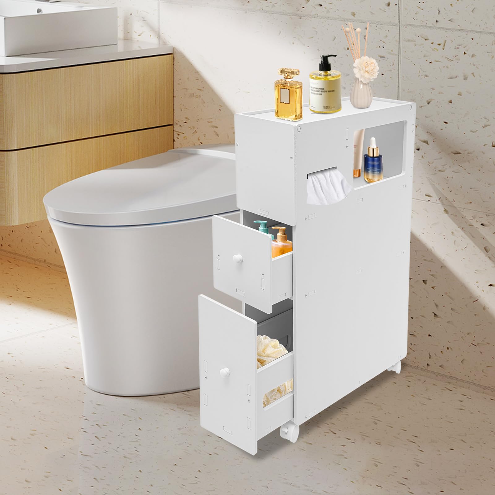 KWCWB Slim Bathroom Storage Cabinet, Movable Slim Rolling Storage Cart with 2 Drawers, Open Structure Small Bathroom Storage Cabinet with Toilet Brush Slot-for Corner, Narrow Spaces Bathroom Storage