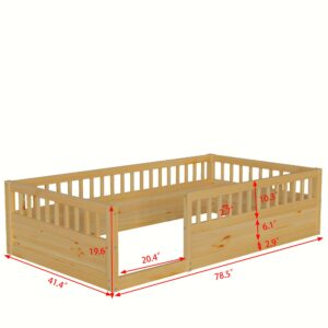 Favfurish Twin Size Montessori Floor Bed, Solid Wood Playhouse Bedframe with Safety High Fence for Kids, Girls, Boys, Bedroom, Playroom, Easy Assembly & No Box Spring Needed, Natural