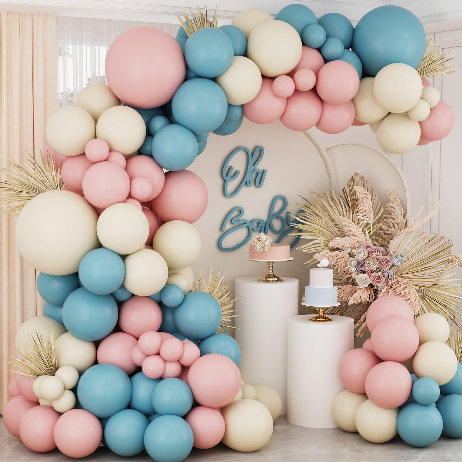 170PCS Boho Baby Shower Gender Reveal Party Decorations Supplies, Different Sizes 18/12/5 inch Boho Gender Reveal Baby Shower Dusty Pink and Blue Sand White Nude Balloons Balloon Garland Arch Kit