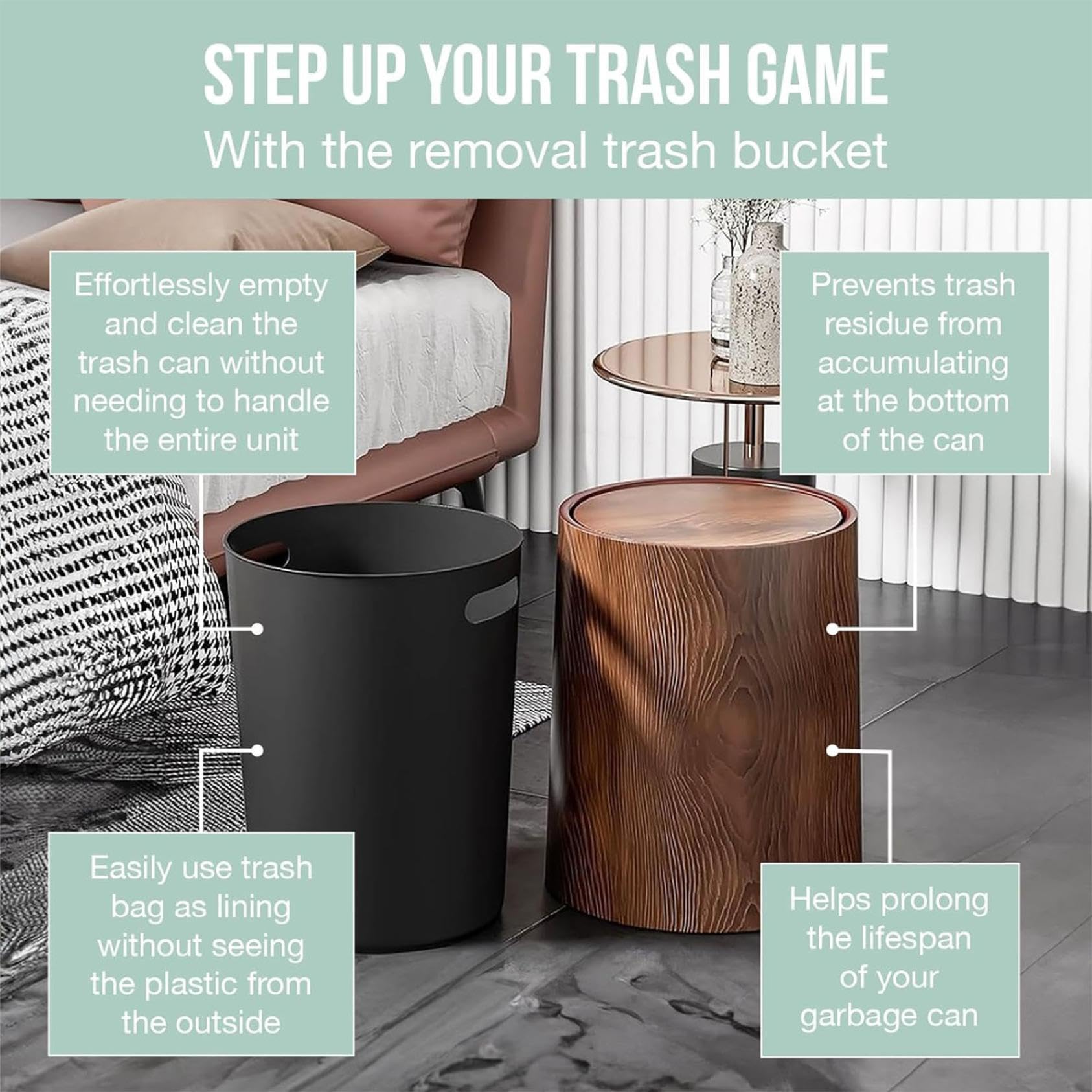 JOYO 12/15L Wood Grain Trash Can with Lid,Walnut Brown Wood Grain Garbage Can with Swing Top Lid,Detachable Inner Bin, Minimalist Diaper Trash Can for Bathroom Office Bedroom (12L(3.2Gal))