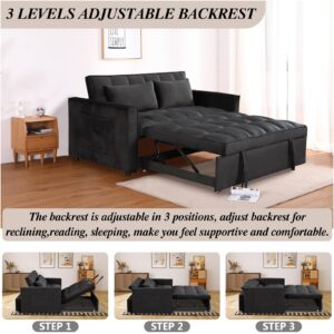 Keainvren Sleeper Sofa Velvet Pull Out Sofa Bed Convertible Sofa Couch Adjustable Backrest Loveseat Sofa Couch Side Pocket for Living Room, Office,Small Space-Black