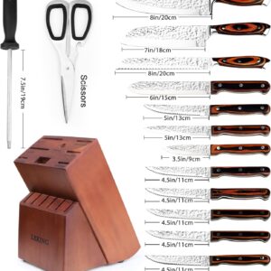 Leking 15-Piece Block Knife Set with Wooden Block, Premium High Carbon Stainless Steel Chef Knife Set with Pakka Wooden Handle, Kitchen Knife Sets with Sharpener, Knives Set, Scissor, 6 Steak Knives