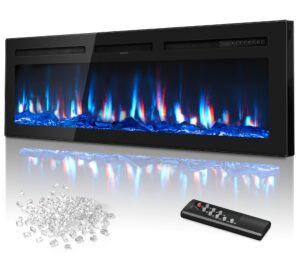 manastin 60 inch electric fireplace in-wall recessed and wall mounted with remote control, 750w/1500w thin wall fireplace heater(60-99°f thermostat) with 12 adjustable color, timer and log set