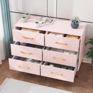 Jojoka Pink 6 Drawer Dresser, Wood Chest of Drawers for Bedroom, Morden Dresser for Closet, TV Stand, Living Room, Hallway, Nursery