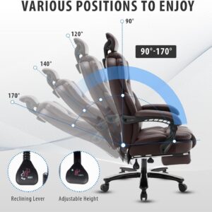 Big and Tall Reclining Office Chair with Footrest 400lbs, PU Leather Executive Office Chairs for Heavy People, High Back Home Office Desk Chair, Ergonomic Managerial Chairs with Wheels (Brown)