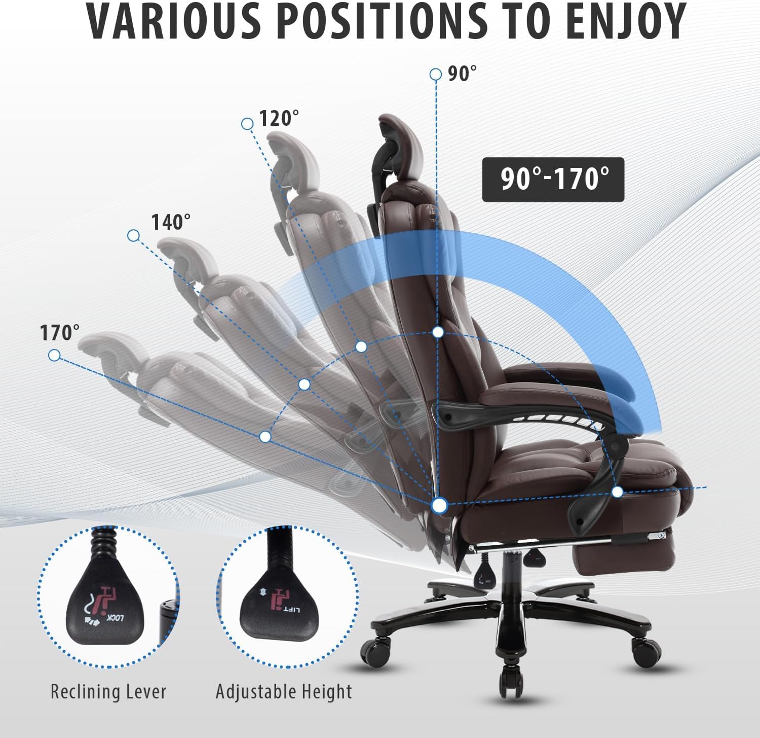 Big and Tall Reclining Office Chair with Footrest 400lbs, PU Leather Executive Office Chairs for Heavy People, High Back Home Office Desk Chair, Ergonomic Managerial Chairs with Wheels (Brown)