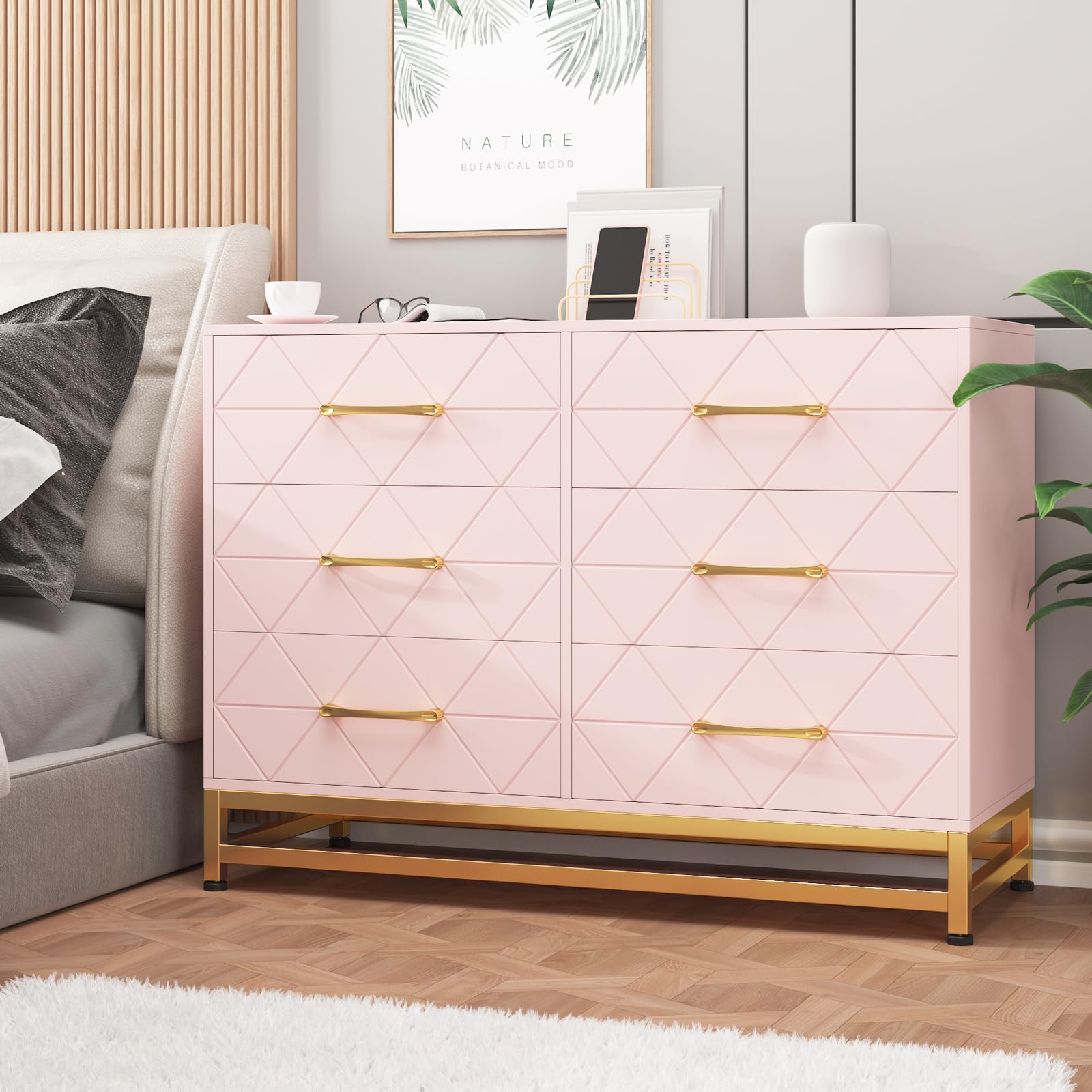 Jojoka Pink 6 Drawer Dresser, Wood Chest of Drawers for Bedroom, Morden Dresser for Closet, TV Stand, Living Room, Hallway, Nursery