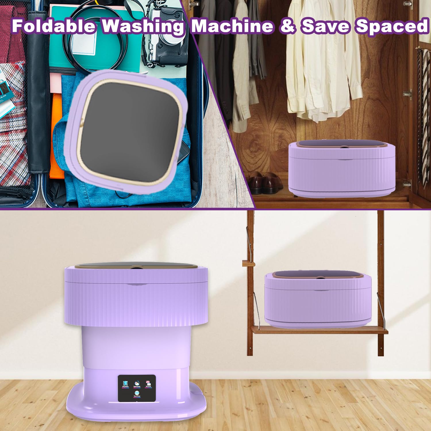 Portable Washing Machine, 11L Mini Washing Machine, Small Compact Washer and Dryer, Collapsible Portable Laundry Washer, Travel, Apartment, Dorm, Camping, RV, Underwears, Socks, Baby Clothes (Purple)