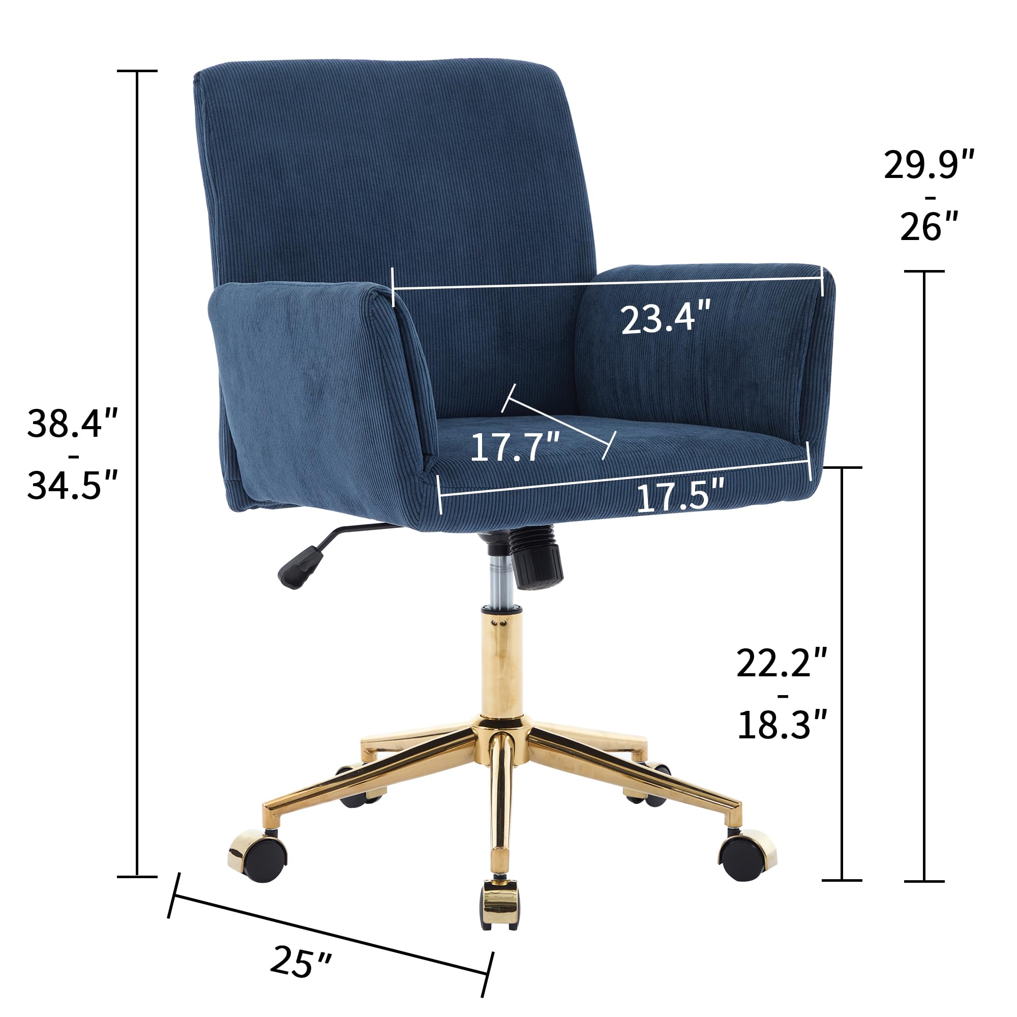 Stripes Velvet Home Office Desk Chair Accent Upholstered Modern Height Adjustable 360° Armchairs with Gold Base for Women Girls Ergonomic Study Seat Computer Task Stools for Living Room（Navy Blue）