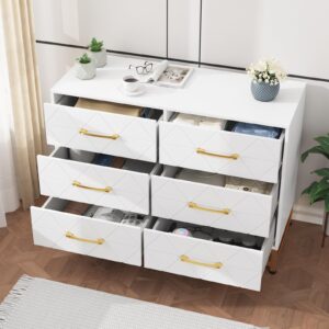 Jojoka White 6 Drawer Dresser, Wood Chest of Drawers for Bedroom, Morden Dresser for Closet, TV Stand, Living Room, Hallway, Nursery