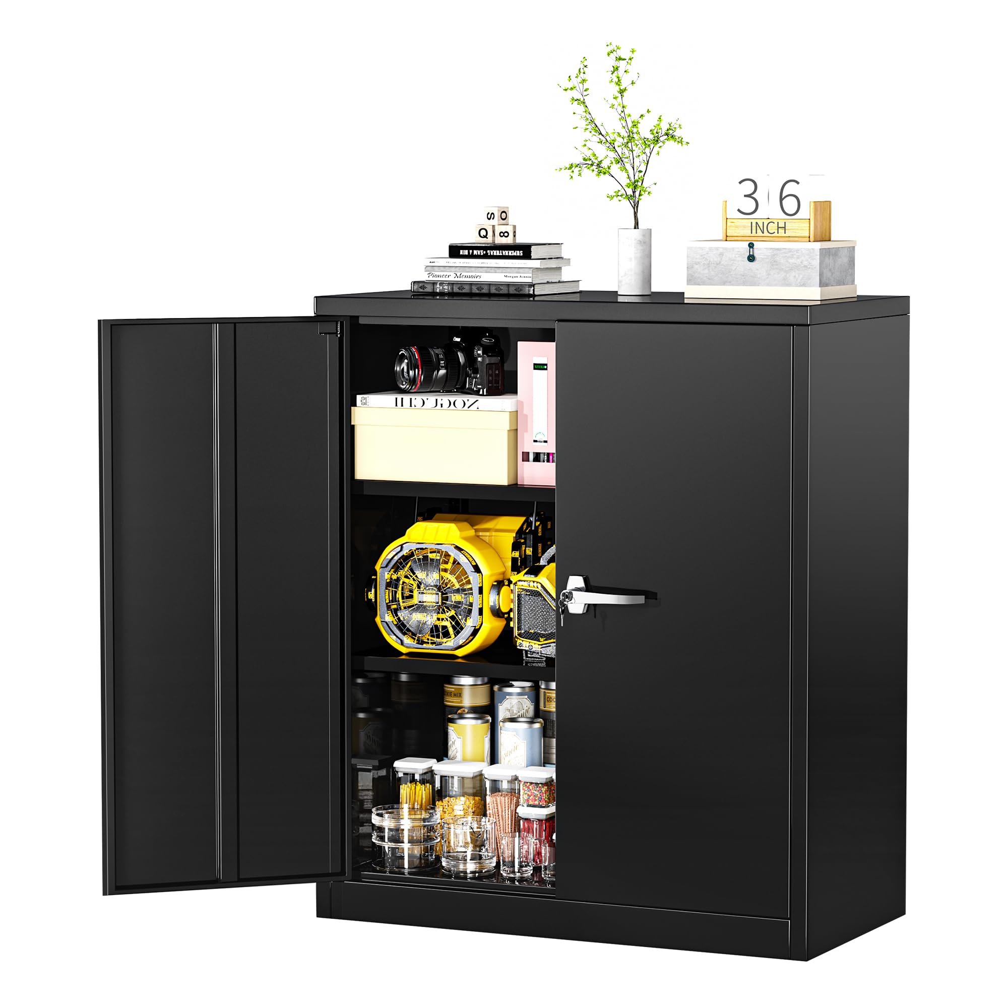 Greenvelly Metal Storage Cabinet with Lock,36" Metal Lockable Storage Cabinet with Doors and 2 Adjustable Shelves, Black Steel Locking Counter Cabinet for Office,Garage, Home, School