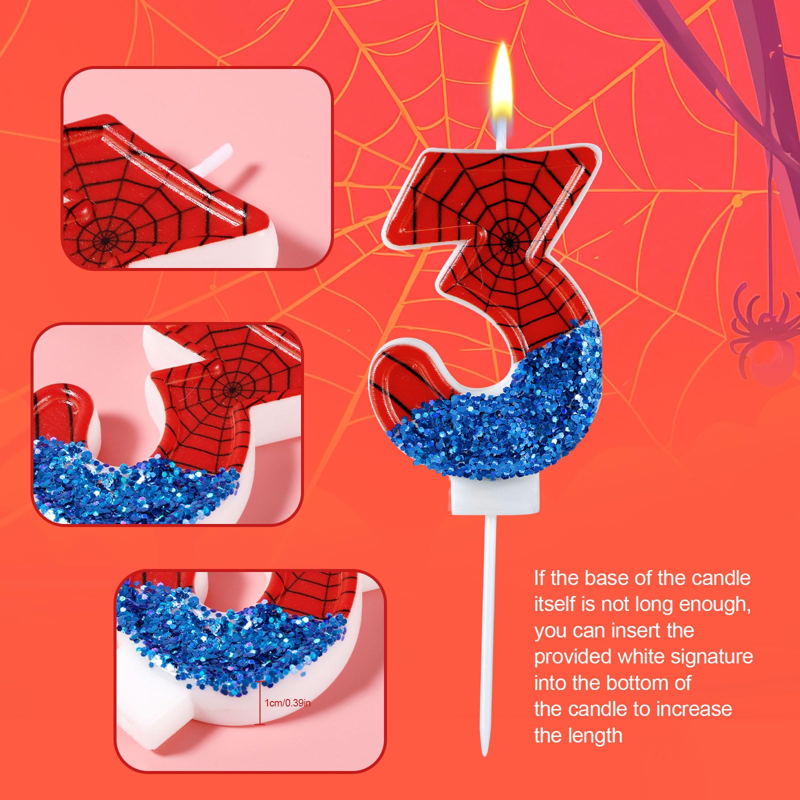 Spider Candle, Spider Web Candles Blue Sequins Number Candle Cake Topper Candle Birthday Cake Candles Spider Birthday Decorations for Boy Spider Themed Birthday Party Halloween Supplies (3)