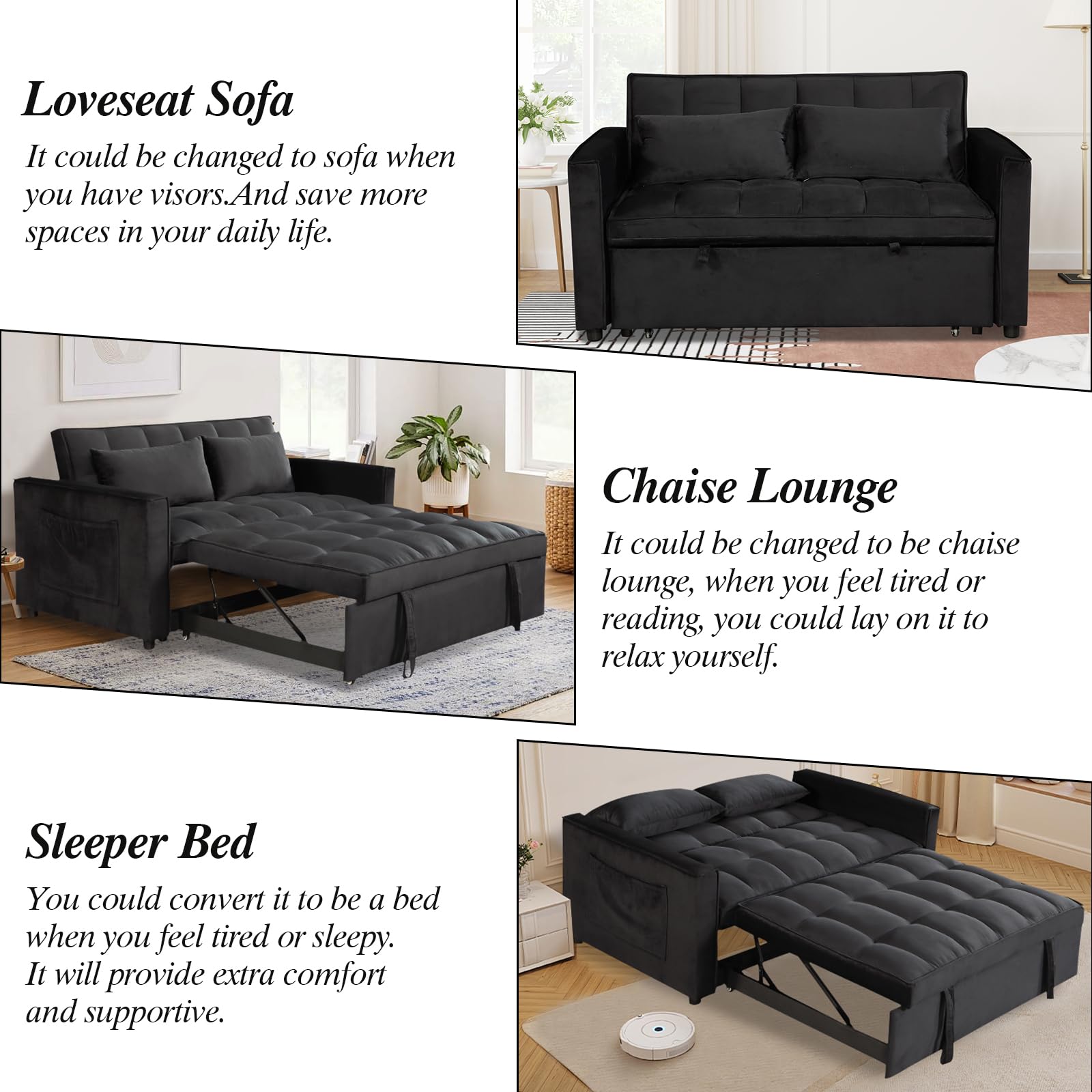 Keainvren Sleeper Sofa Velvet Pull Out Sofa Bed Convertible Sofa Couch Adjustable Backrest Loveseat Sofa Couch Side Pocket for Living Room, Office,Small Space-Black