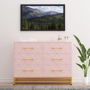 Jojoka Pink 6 Drawer Dresser, Wood Chest of Drawers for Bedroom, Morden Dresser for Closet, TV Stand, Living Room, Hallway, Nursery