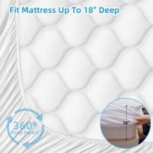 WINGLAM-Quilted Fitted Mattress Pad (Waterproof)-Elastic Fitted Mattress Protector(White)-Bed Cover Stretches up to 18 Inches with Deep Pocket(Queen)-Machine Washable Mattress Cover-Fluffy & Soft