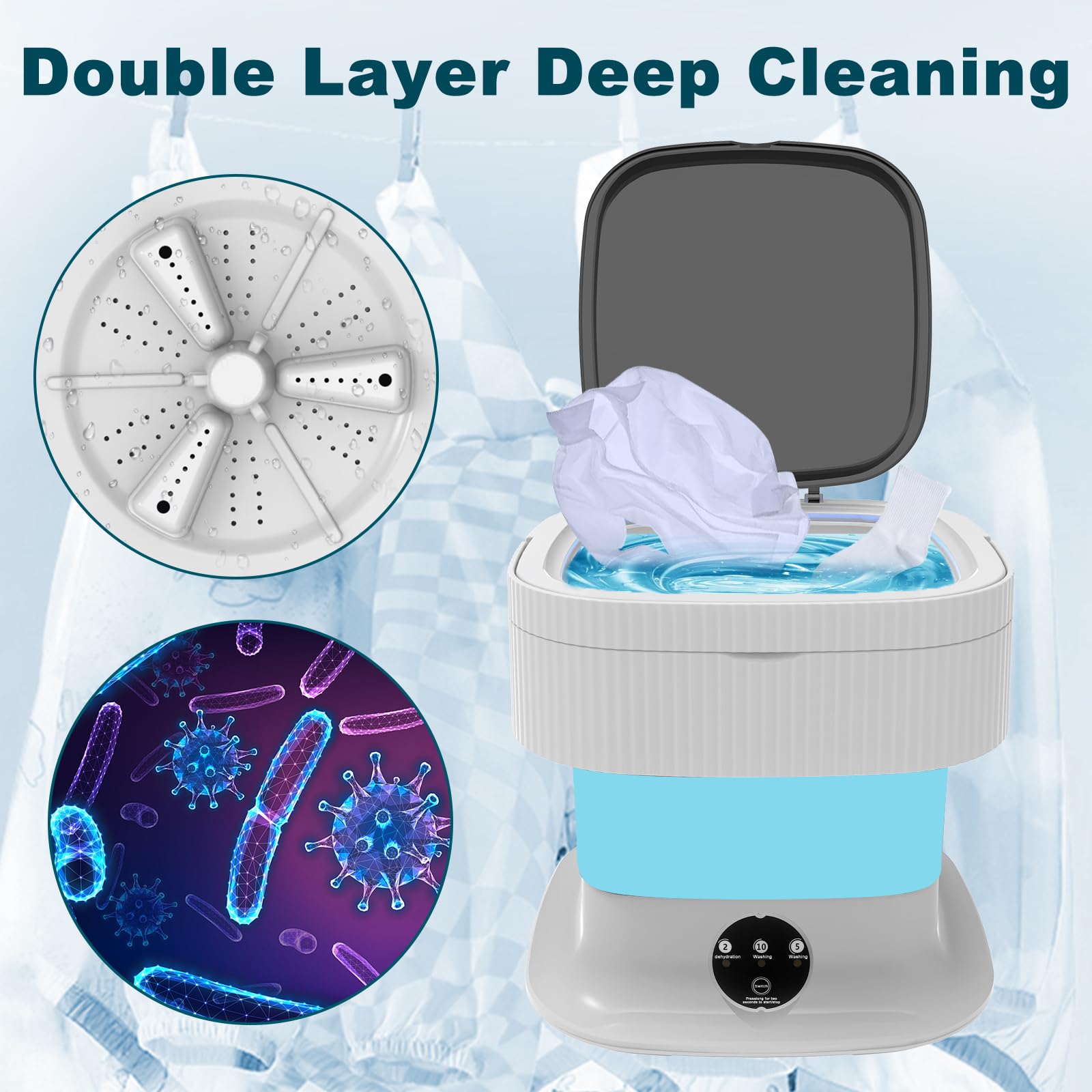 Mini Washing Machine, 12L Foldable Portable Washer and Dryer, Compact Folding Small Laundry Washer, Collapsible, Socks, Baby Clothes, Underwear, Towels, Dorm, RV, Camping Apartment, Travel (Blue)