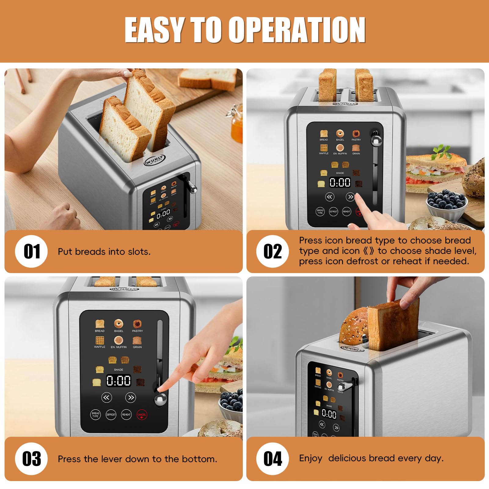 Touch screen Toaster slice, Stainless Steel Digital Timer Toaster with Sound Function, 6 Bread Types & 6 Shade Settings, Smart Extra Wide Slots Toaster with Bagel, Defrost Functions (silver, 2)