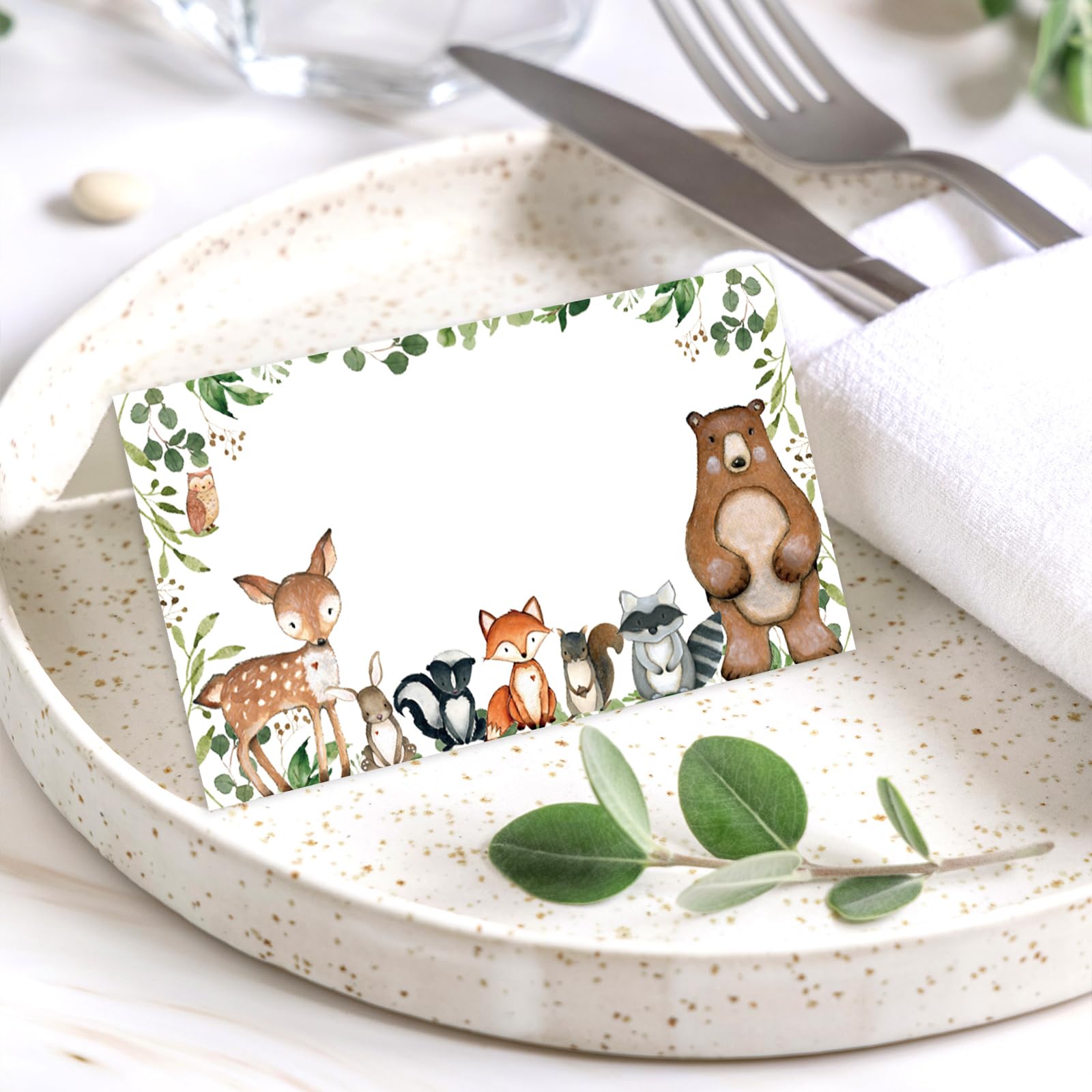 Whaline 100Pcs Woodland Animal Place Cards 2 x 3.5 Inch Watercolor Jungle Creature Tent Name Cards Safari Seat Assignment Labels for Birthday Baby Shower Party Table Setting Supplies