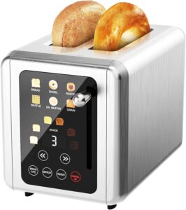 touch screen toaster slice, stainless steel digital timer toaster with sound function, 6 bread types & 6 shade settings, smart extra wide slots toaster with bagel, defrost functions (silver, 2)