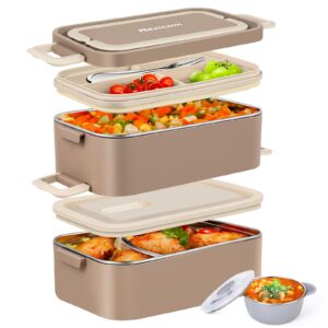 rezicom stainless steel lunch box for kids and adult, two layer 2 l capacity leak-proof bento box for kids, lunch containers for women school office with stainless steel soup bowl spoon and fork