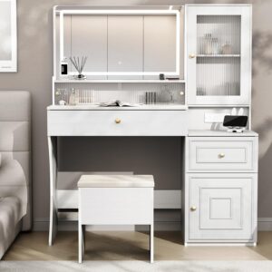 Large Vanity Desk with Mirror and Light, Vanity Table and Cushioned Stool Set, Makeup Vanity Table Makeup Desk with Charging Station, Storage Stool, Bedroom Dressing Table with Drawer and Cabinet