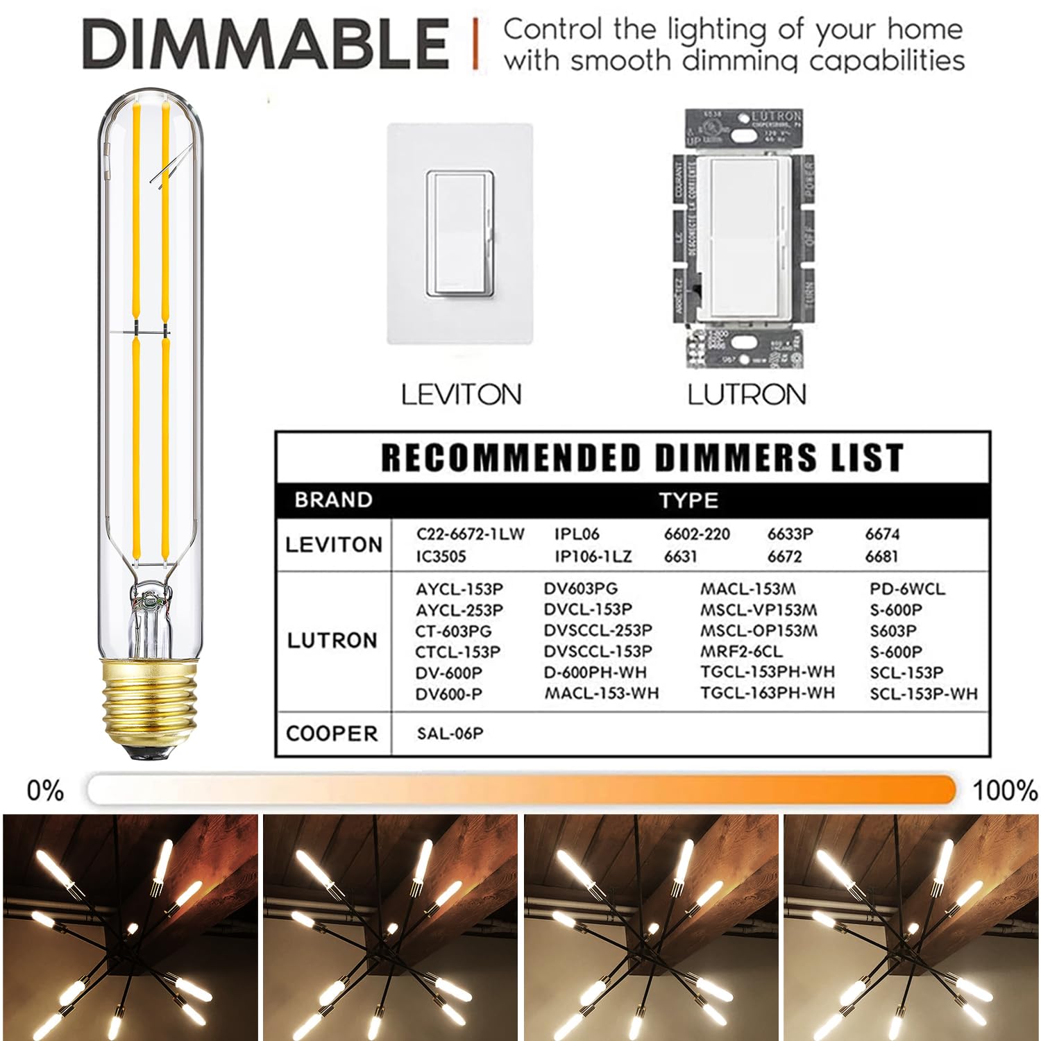 Duoled 7.3 Inch E26 T10 Led Bulb 60 watt 3000k Soft White Edison Bulbs,6W T10 Long Light Bulb Tubular Light Bulb T10 Bulb T9 for Rustic Pendant,Industrial Pipe,Wall Sconces 6 Pack