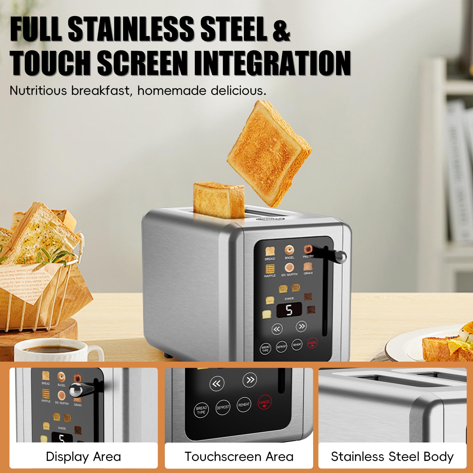 Touch screen Toaster slice, Stainless Steel Digital Timer Toaster with Sound Function, 6 Bread Types & 6 Shade Settings, Smart Extra Wide Slots Toaster with Bagel, Defrost Functions (silver, 2)