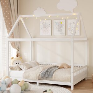 merax full size house bed for kids, wood platform bedframe with light and guardrail for teens girls boys, no box spring needed, white