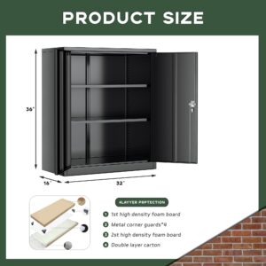 Greenvelly Metal Storage Cabinet with Lock,36" Metal Lockable Storage Cabinet with Doors and 2 Adjustable Shelves, Black Steel Locking Counter Cabinet for Office,Garage, Home, School