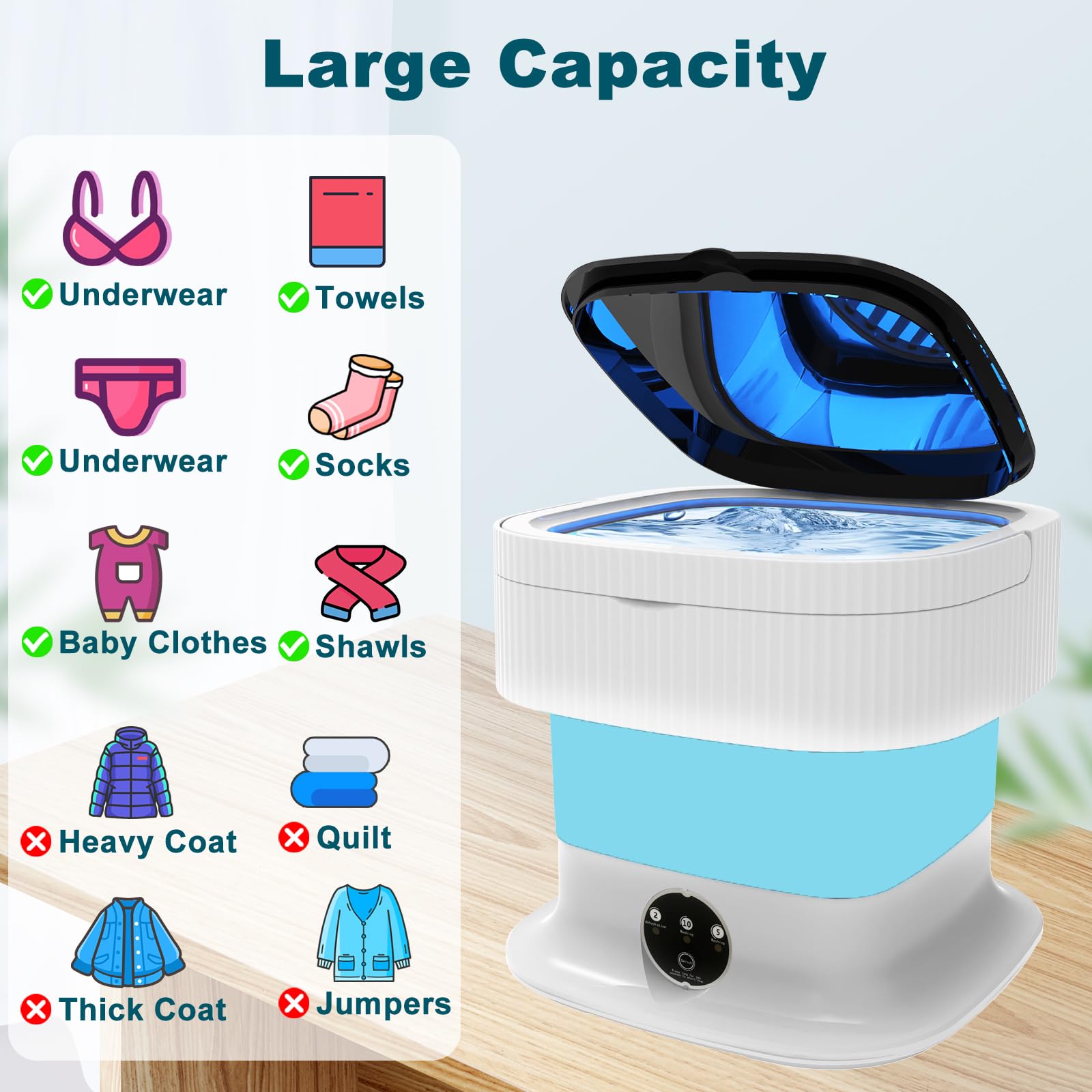 Mini Washing Machine, 12L Foldable Portable Washer and Dryer, Compact Folding Small Laundry Washer, Collapsible, Socks, Baby Clothes, Underwear, Towels, Dorm, RV, Camping Apartment, Travel (Blue)