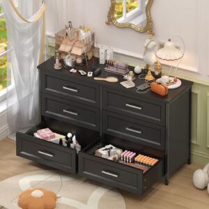 IKENO 6 Drawer Double Dresser for Bedroom, Wood Dressers & Chest of Drawers for Living Room, Entryway, Storage Closet Dressers with Wide Drawers & Metal Handle, Black