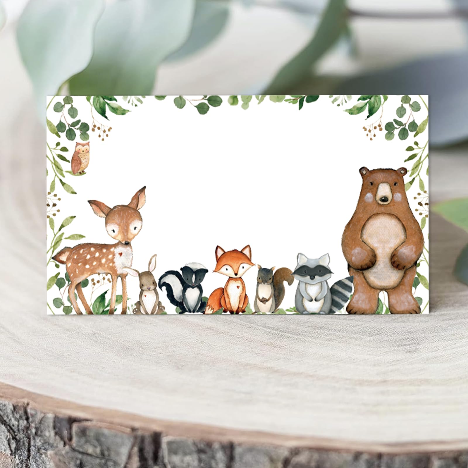 Whaline 100Pcs Woodland Animal Place Cards 2 x 3.5 Inch Watercolor Jungle Creature Tent Name Cards Safari Seat Assignment Labels for Birthday Baby Shower Party Table Setting Supplies