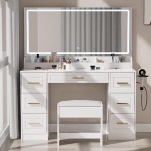 homesflex vanity desk with mirror and led lights, 43'' w makeup vanity desk with power outlet, 3 color modes, 7 drawers vanity table with chair, dressing table for bedroom, dressing room (white)