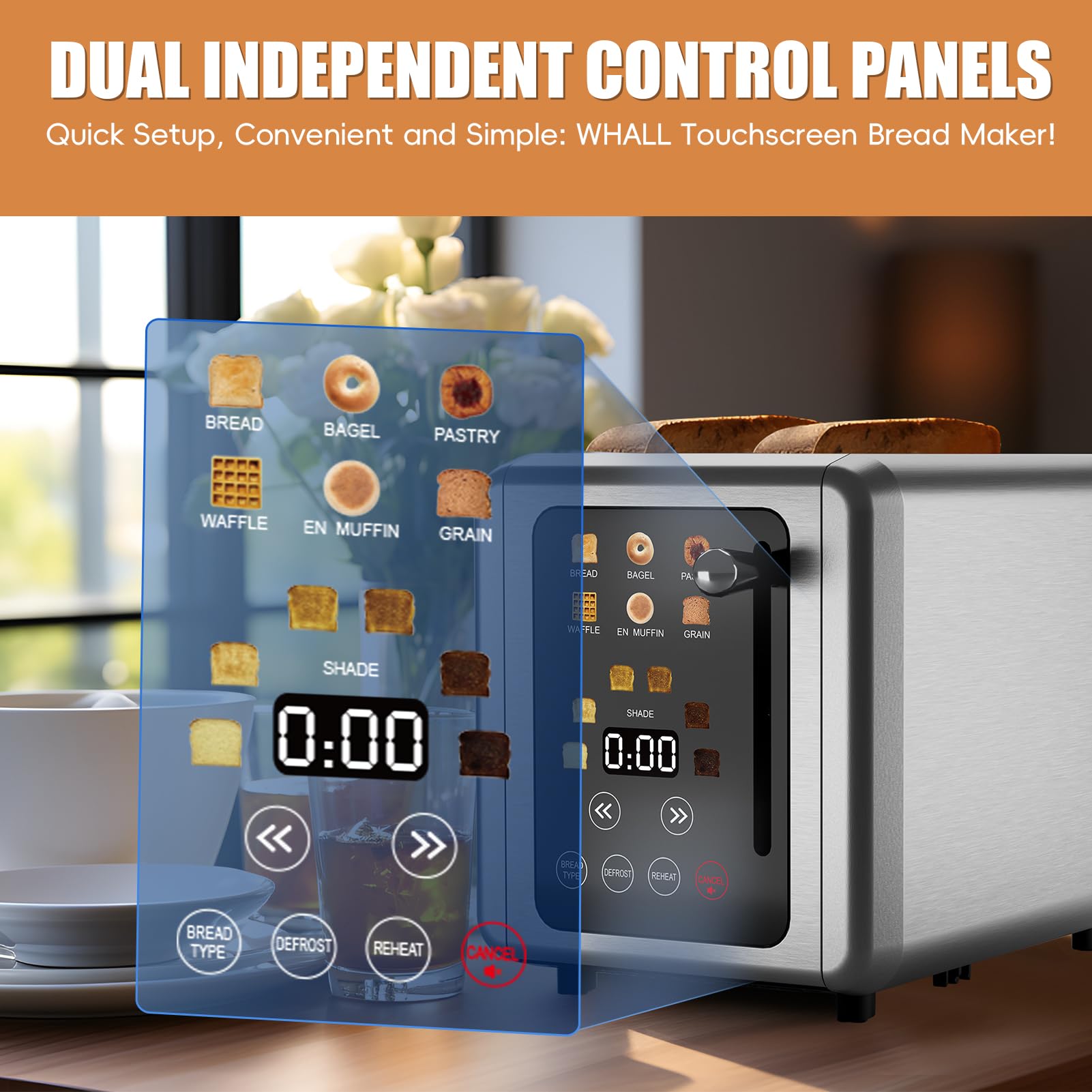 Touch screen Toaster slice, Stainless Steel Digital Timer Toaster with Sound Function, 6 Bread Types & 6 Shade Settings, Smart Extra Wide Slots Toaster with Bagel, Defrost Functions (silver, 2)