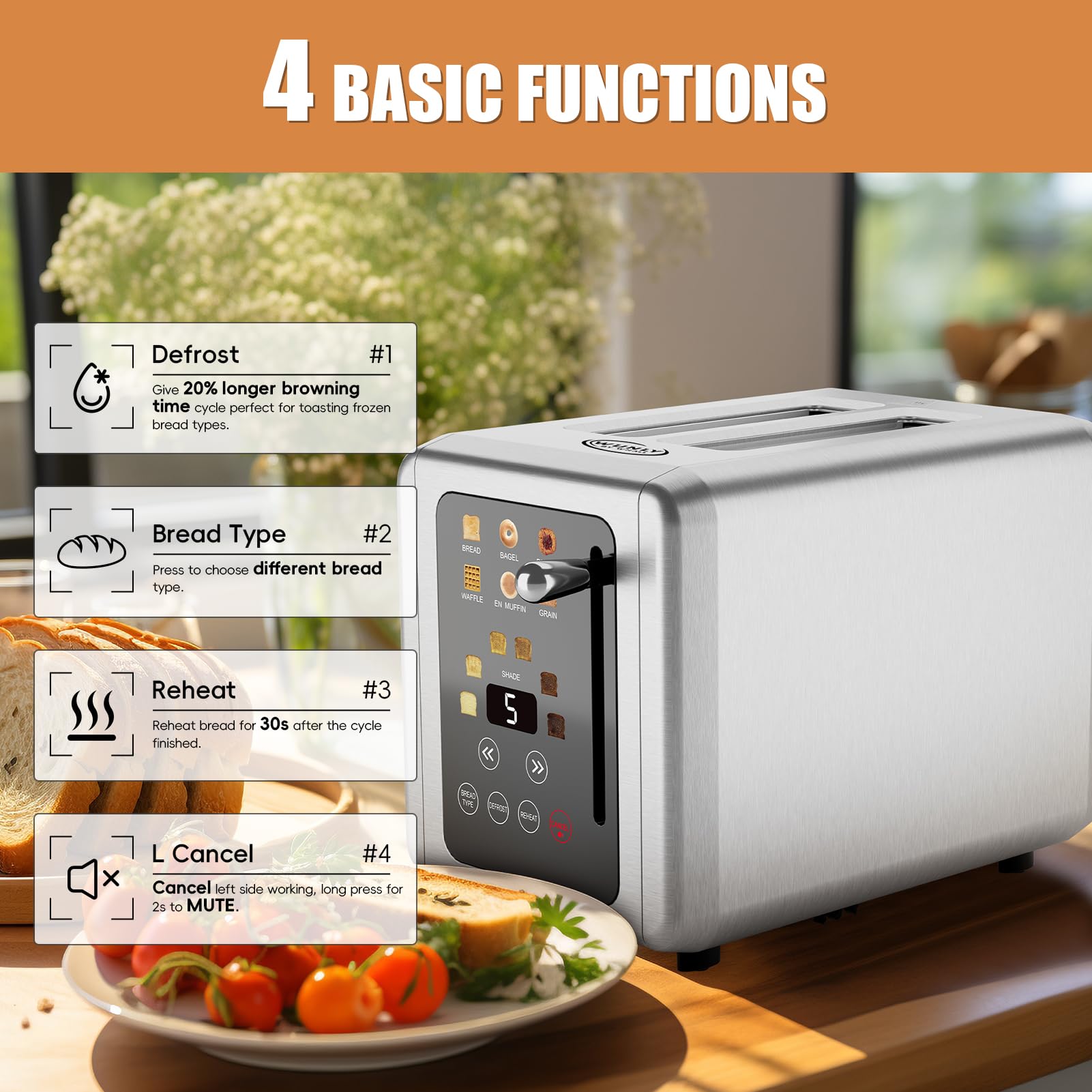 Touch screen Toaster slice, Stainless Steel Digital Timer Toaster with Sound Function, 6 Bread Types & 6 Shade Settings, Smart Extra Wide Slots Toaster with Bagel, Defrost Functions (silver, 2)