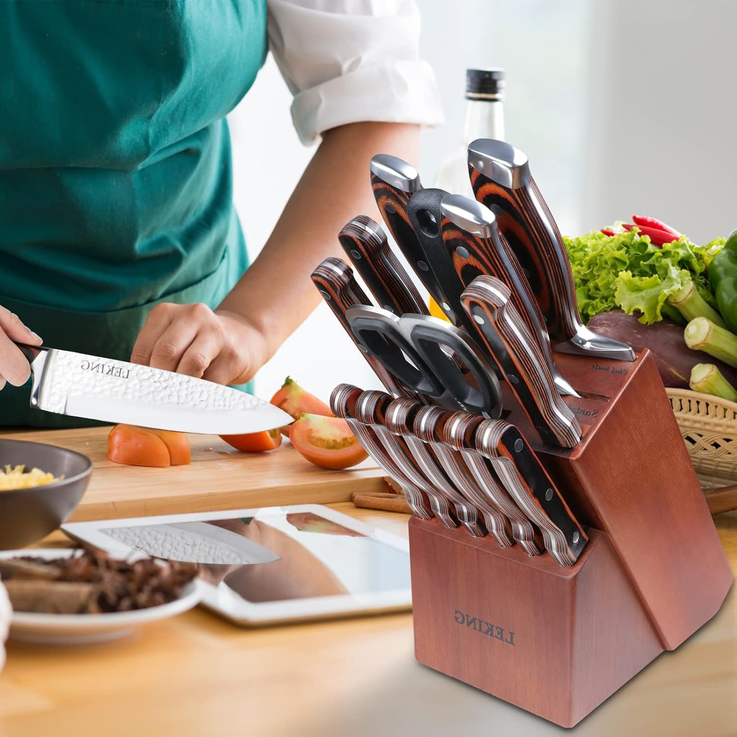 Leking 15-Piece Block Knife Set with Wooden Block, Premium High Carbon Stainless Steel Chef Knife Set with Pakka Wooden Handle, Kitchen Knife Sets with Sharpener, Knives Set, Scissor, 6 Steak Knives