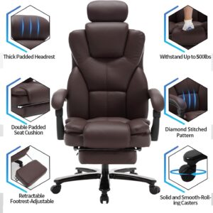 Big and Tall Reclining Office Chair with Footrest 400lbs, PU Leather Executive Office Chairs for Heavy People, High Back Home Office Desk Chair, Ergonomic Managerial Chairs with Wheels (Brown)