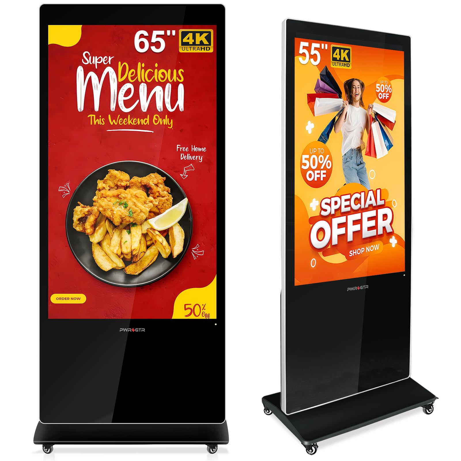 PWR4GTR 65 Inch Digital Signage Display and 55 Inch Touchscreen Kiosk Android 11.0 Commercial LCD Totem