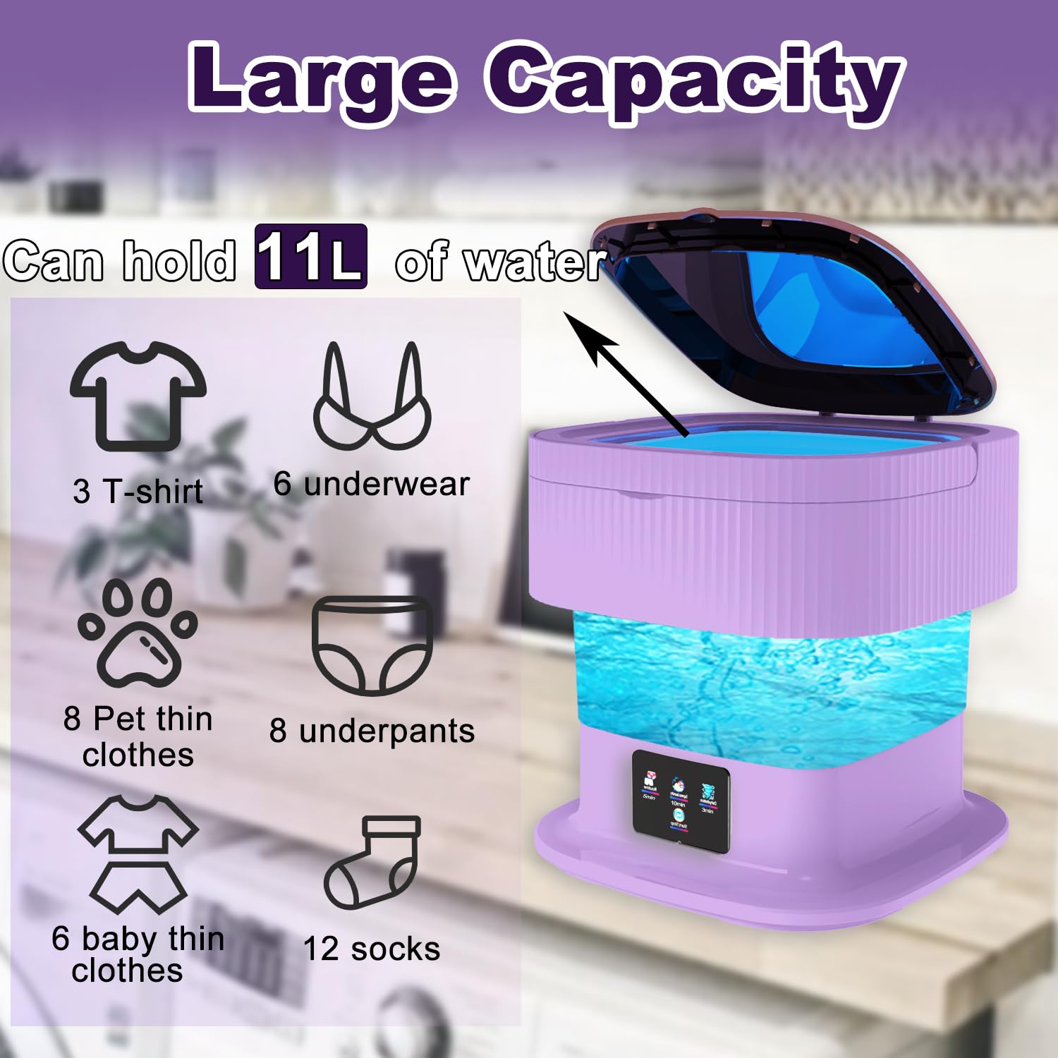 Portable Washing Machine, 11L Mini Washing Machine, Small Compact Washer and Dryer, Collapsible Portable Laundry Washer, Travel, Apartment, Dorm, Camping, RV, Underwears, Socks, Baby Clothes (Purple)