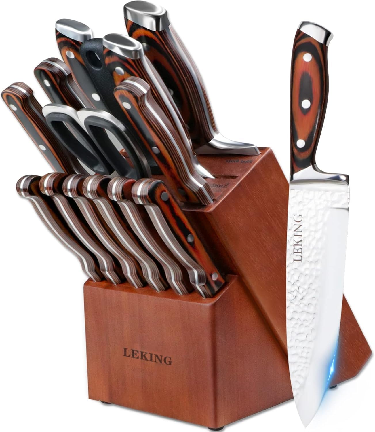 Leking 15-Piece Block Knife Set with Wooden Block, Premium High Carbon Stainless Steel Chef Knife Set with Pakka Wooden Handle, Kitchen Knife Sets with Sharpener, Knives Set, Scissor, 6 Steak Knives